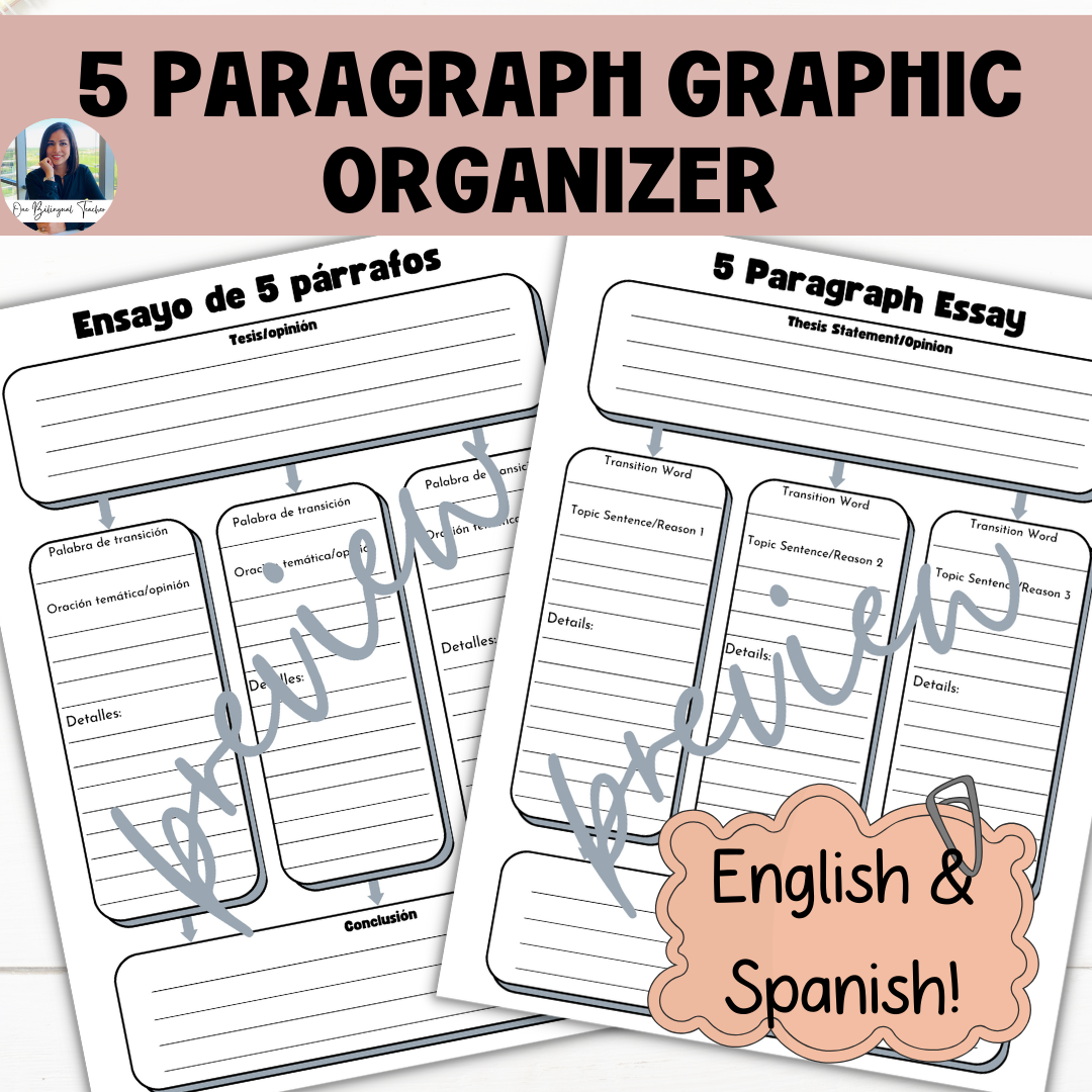 5 Paragraph Essay, Writing Graphic Organizer English & Spanish ESL ...