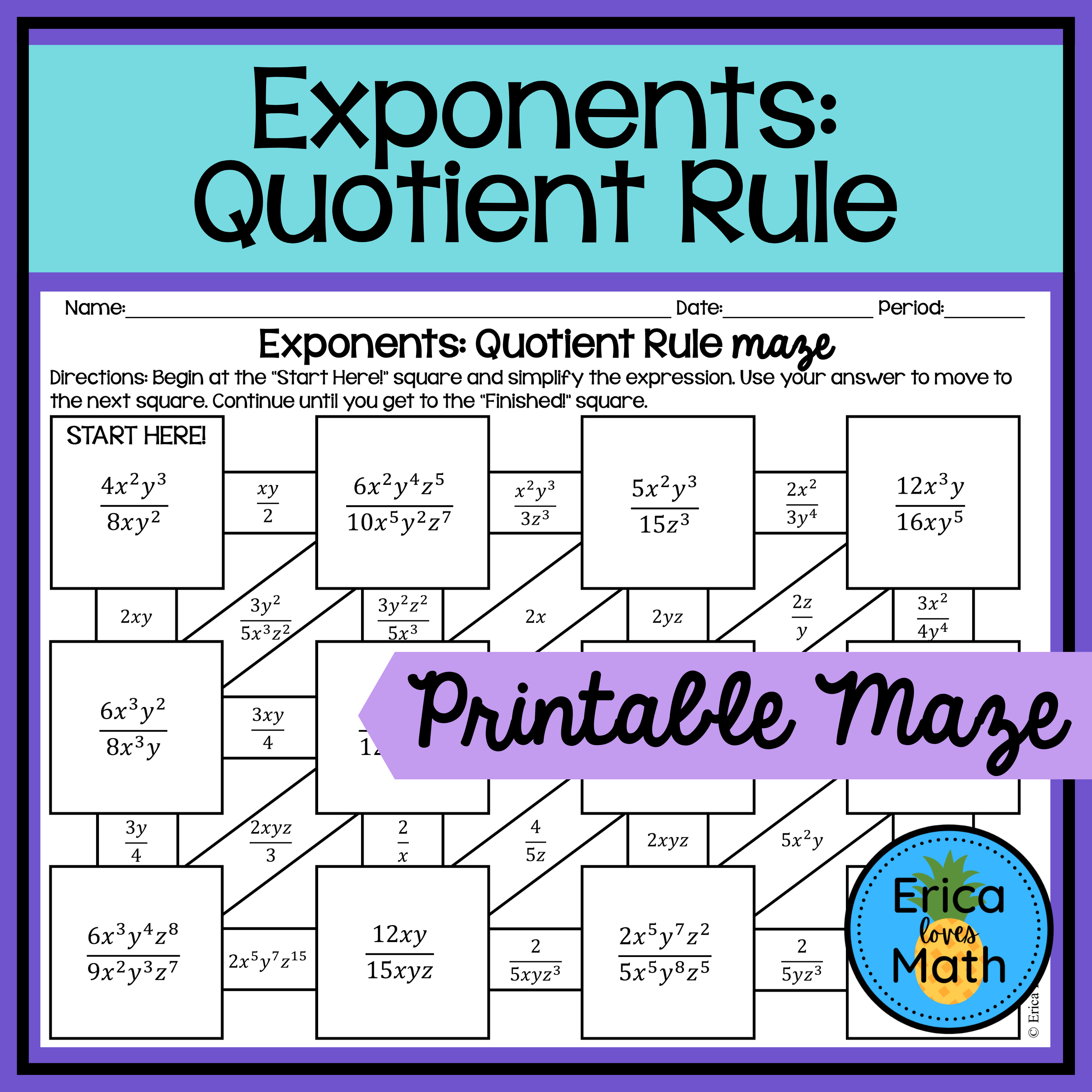 Exponents Quotient Rule Activity Maze - Classful