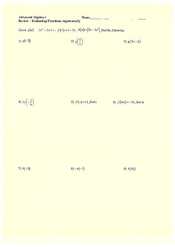 Algebra 1 Honors Evaluating Functions Review - Classful