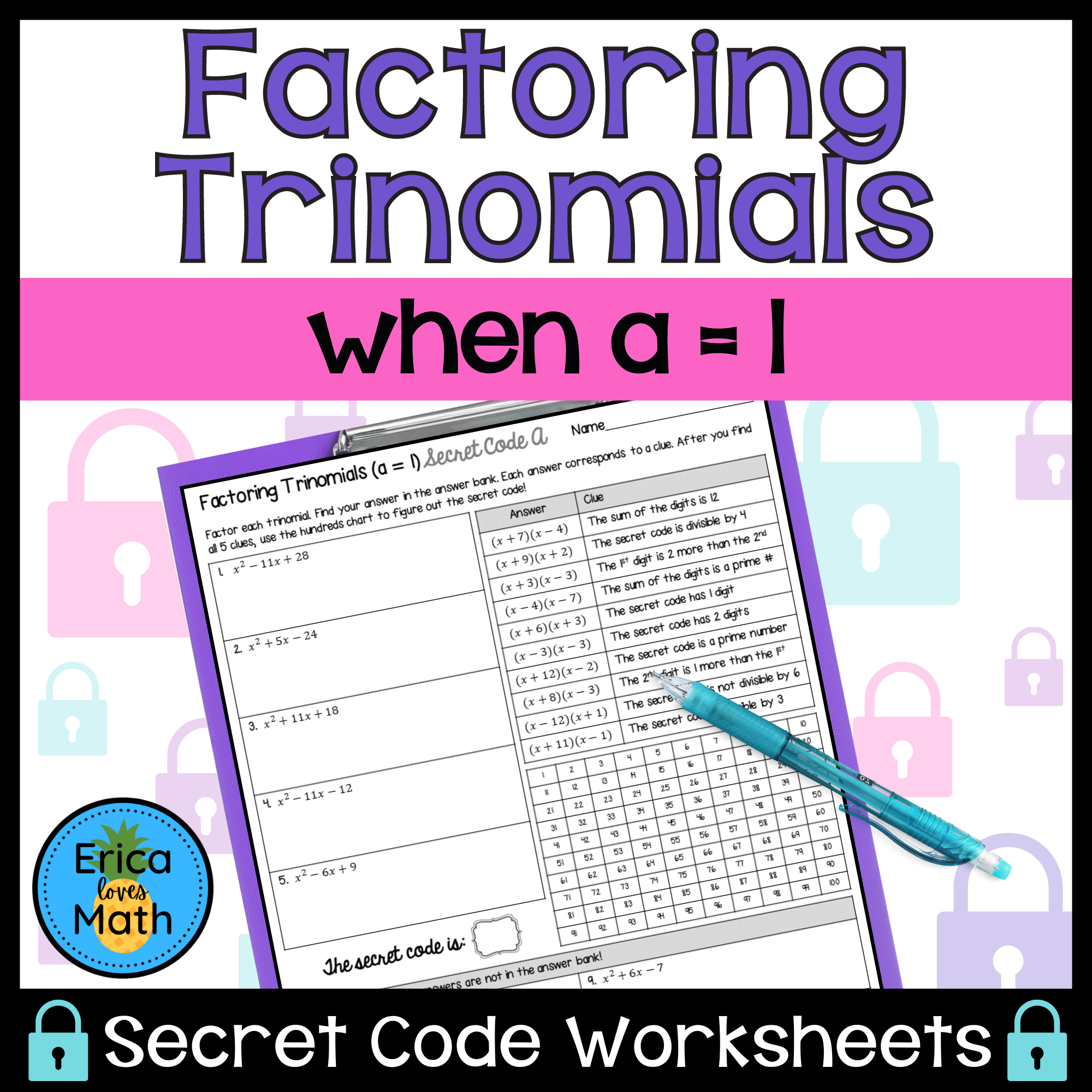 Factoring Trinomials with a=1 Worksheets | Secret Code - Classful