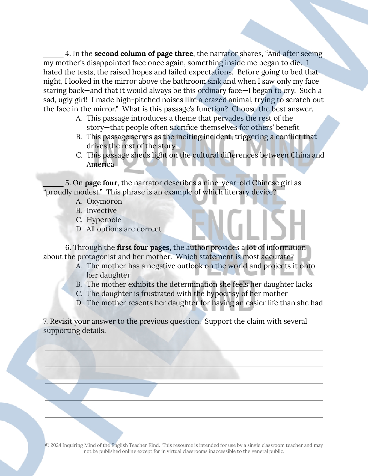 Two Kinds by Amy Tan Close Reading Analysis Worksheet for High School ...