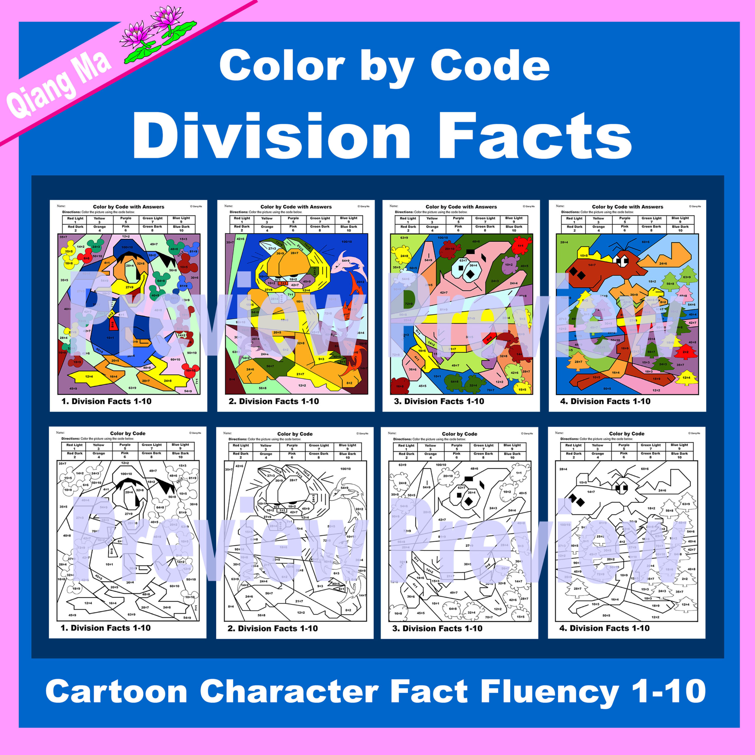 Cartoon Character Color by Code- Multiplication and Division Facts 2 in ...