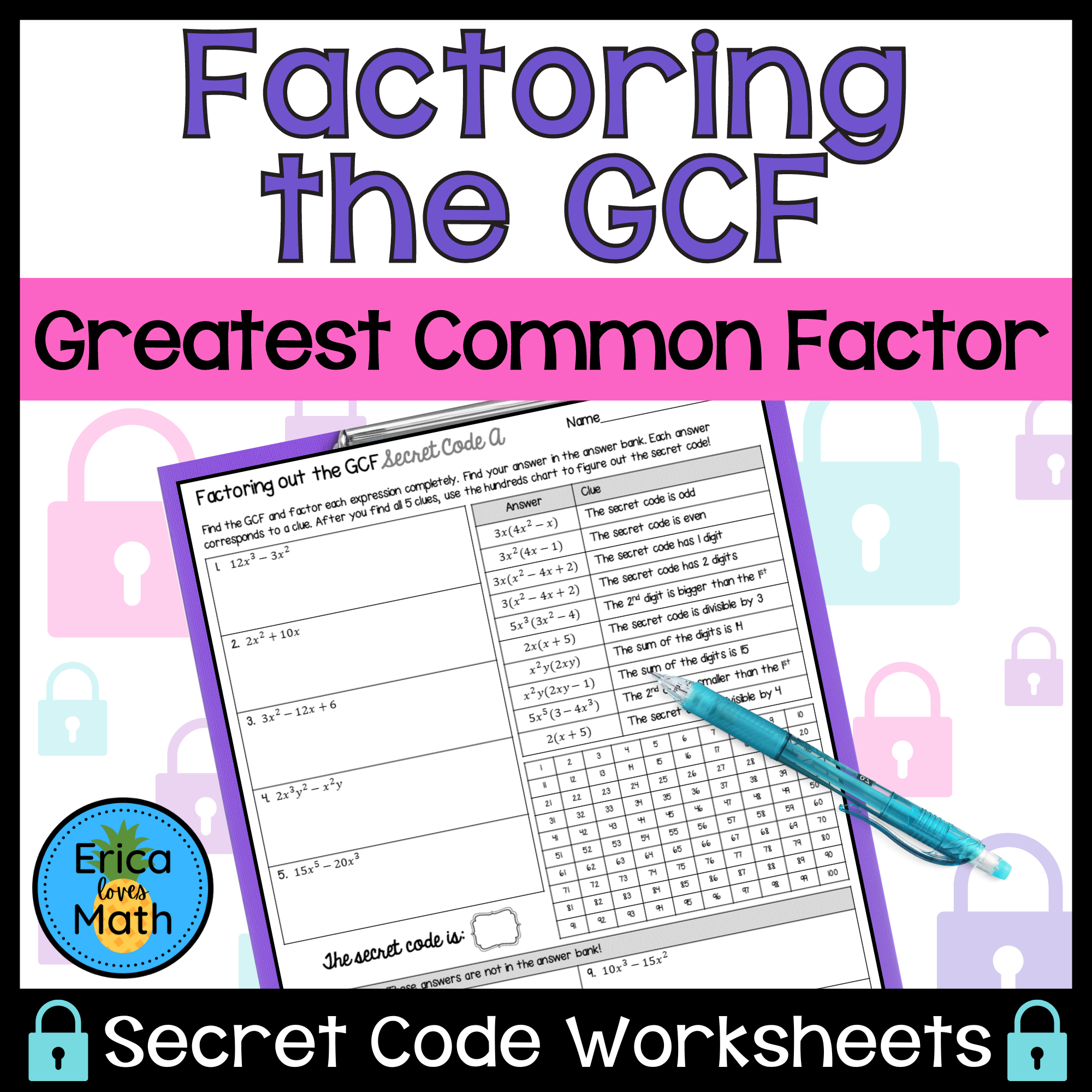 Factoring the GCF (Greatest Common Factor) Worksheets | Secret Code ...