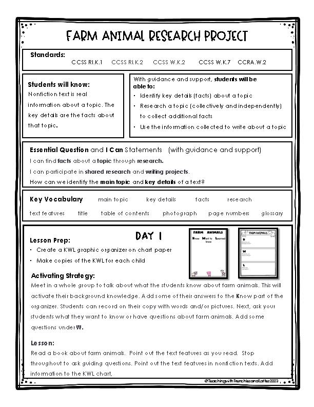 Farm Animal Research Project with Lesson Plan - Classful