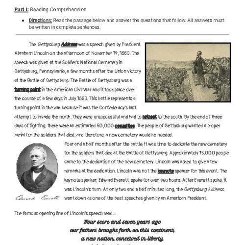 Gettysburg Address, printable packet and reading passage (English ...