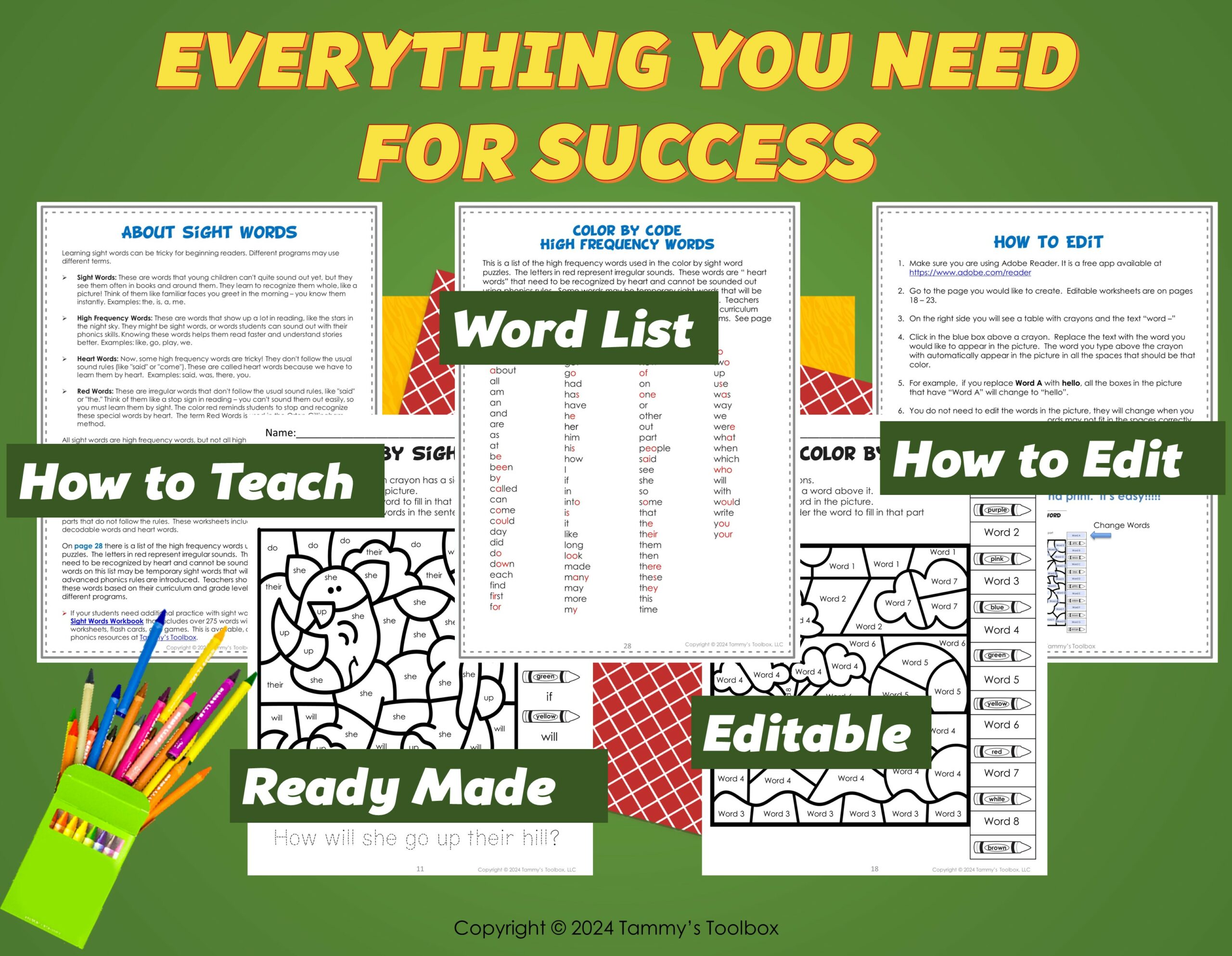 Editable Color by Code Sight Word Practice Worksheets - Classful