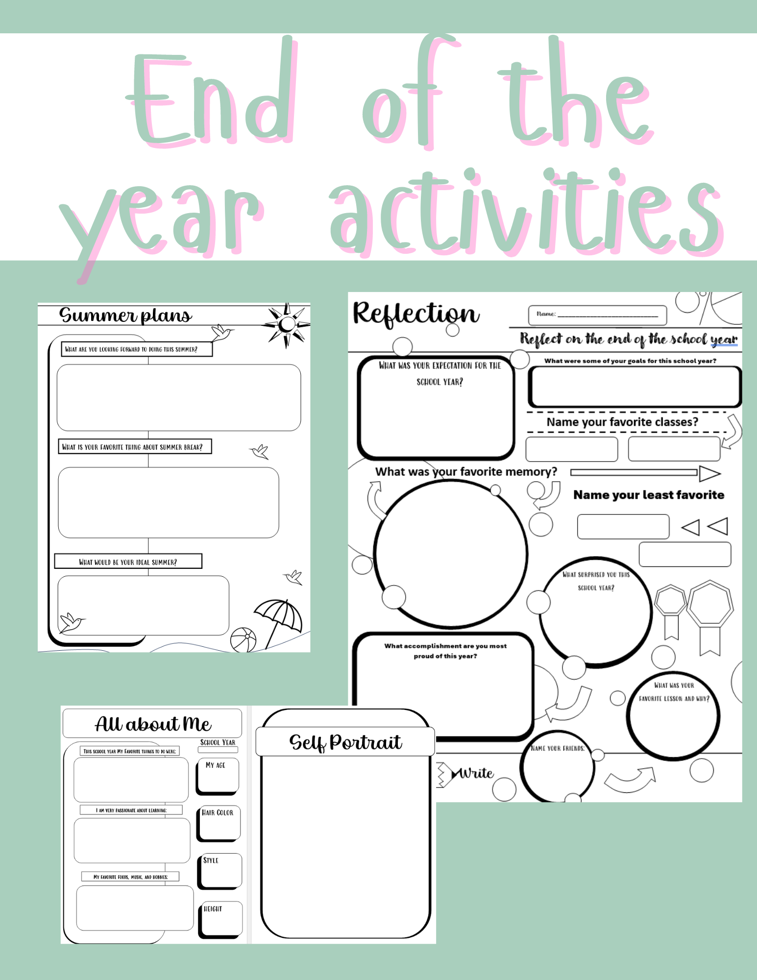 End of the year Reflection and worksheets - Classful