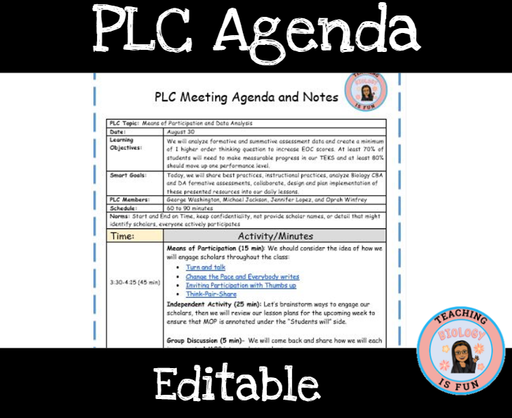 PLC Meeting Agenda Template & Sample EDITABLE - Classful