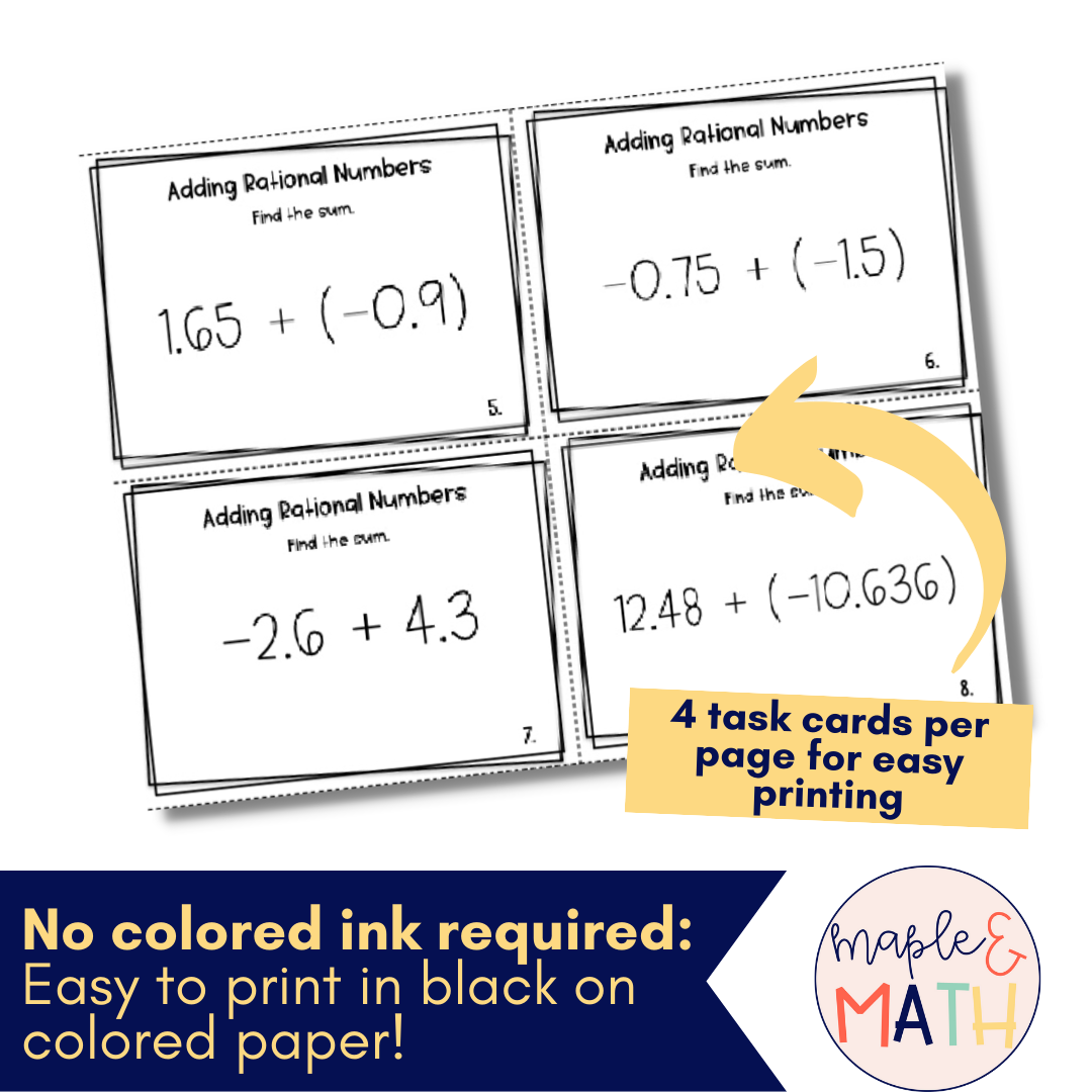 Adding Rational Numbers Decimals and Fractions Task Cards 7th Grade ...