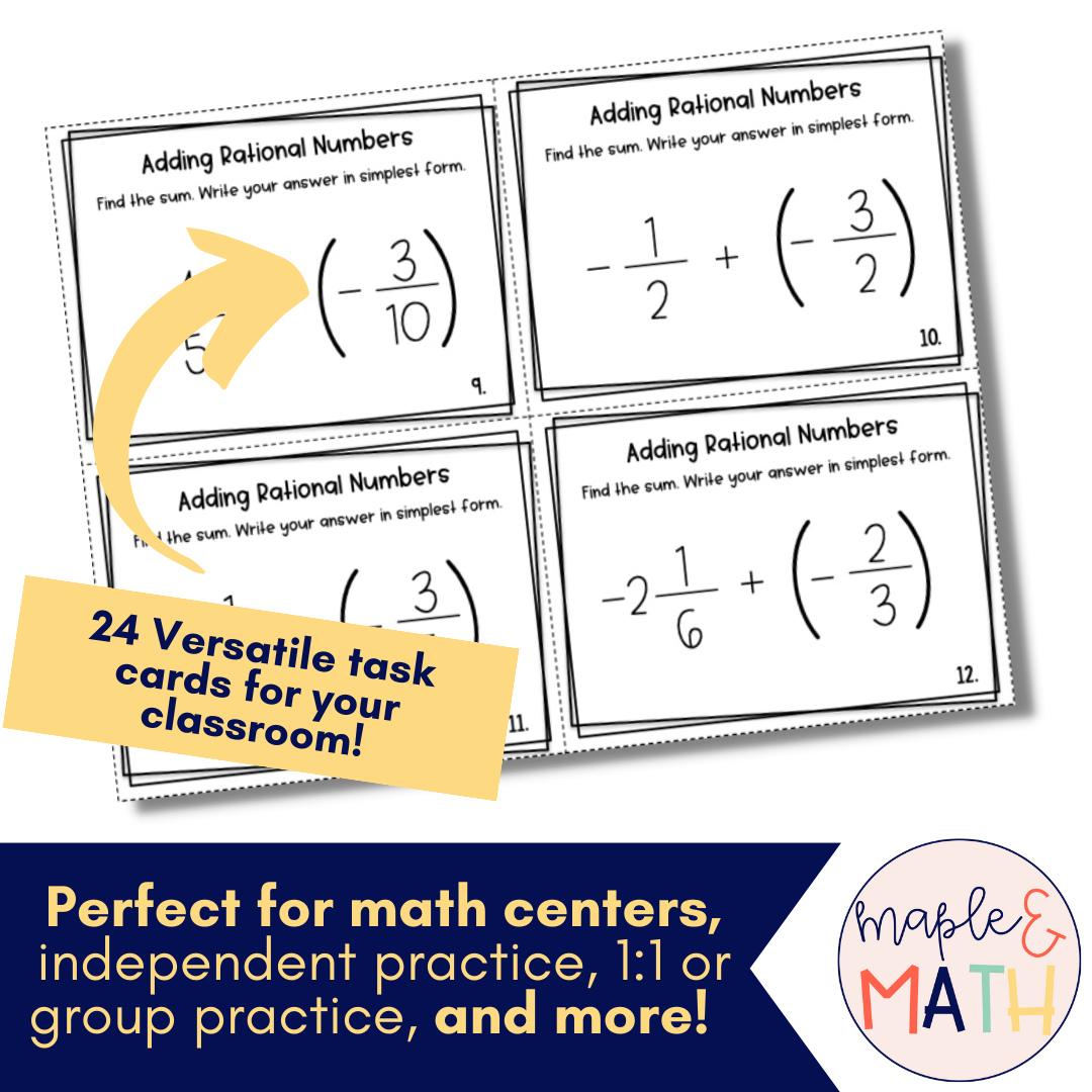 Adding Rational Numbers Decimals and Fractions Task Cards 7th Grade ...