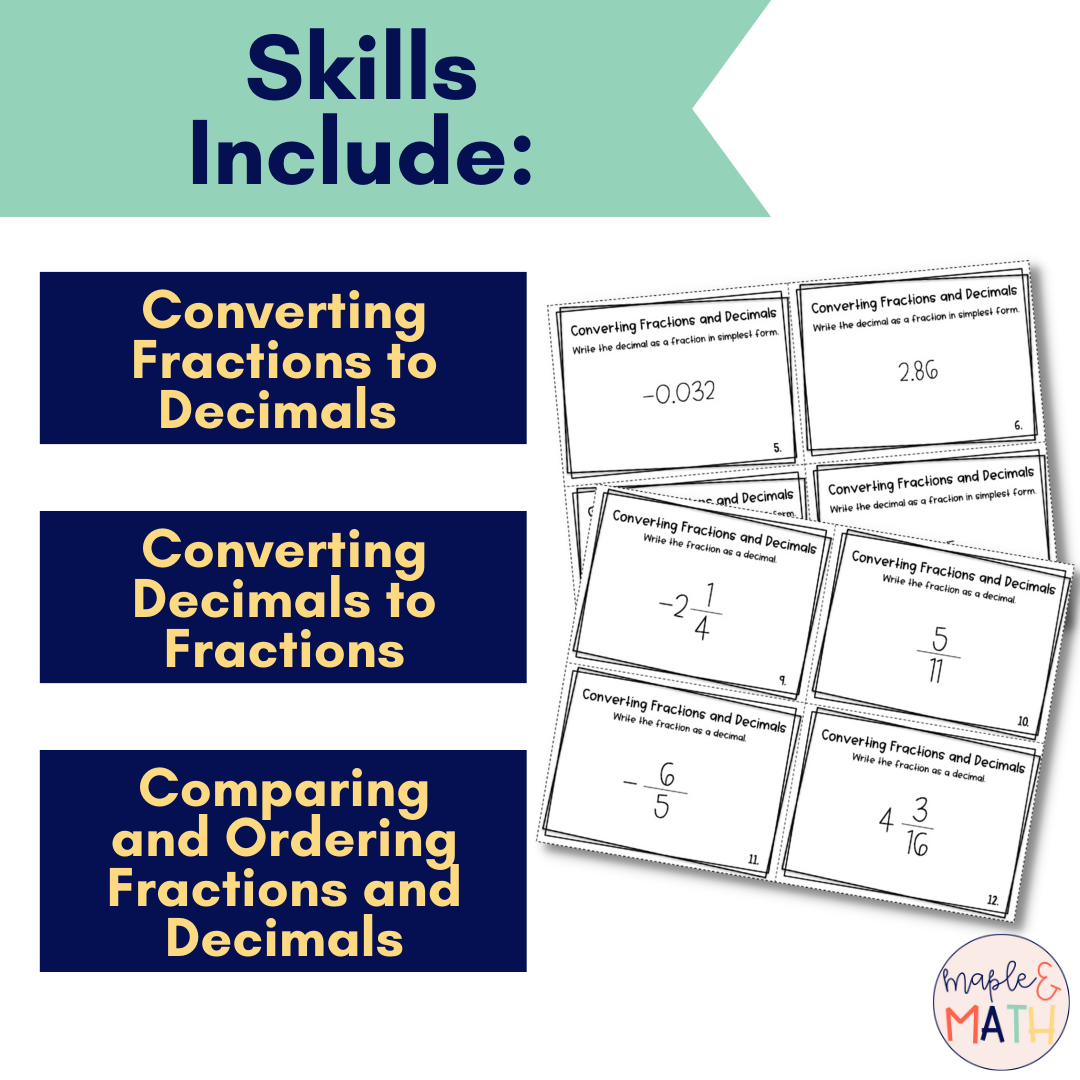 Converting Fractions and Decimals Task Cards 7th Grade - Classful