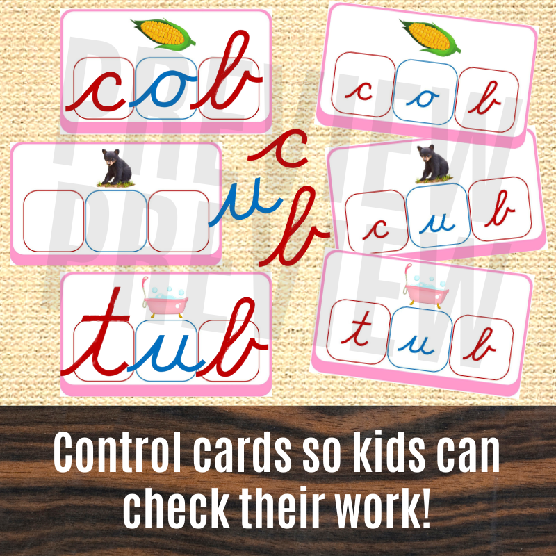 Montessori Cursive CVC Picture Cards Movable Alphabet - Montessori Pink ...