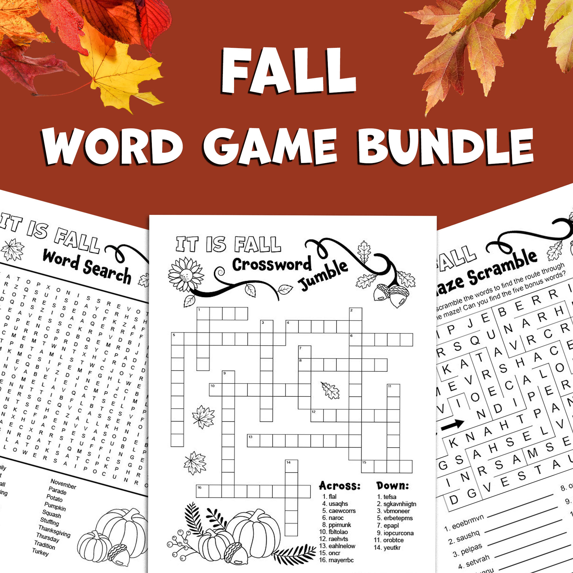 BUNDLE- Fall Word Games | Word Scramble | Crossword Puzzle | Maze ...