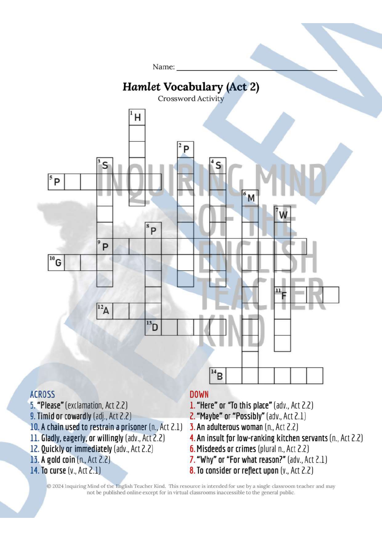 Hamlet Act 2 Quiz, Close Reading Worksheets, and Vocabulary Games ...