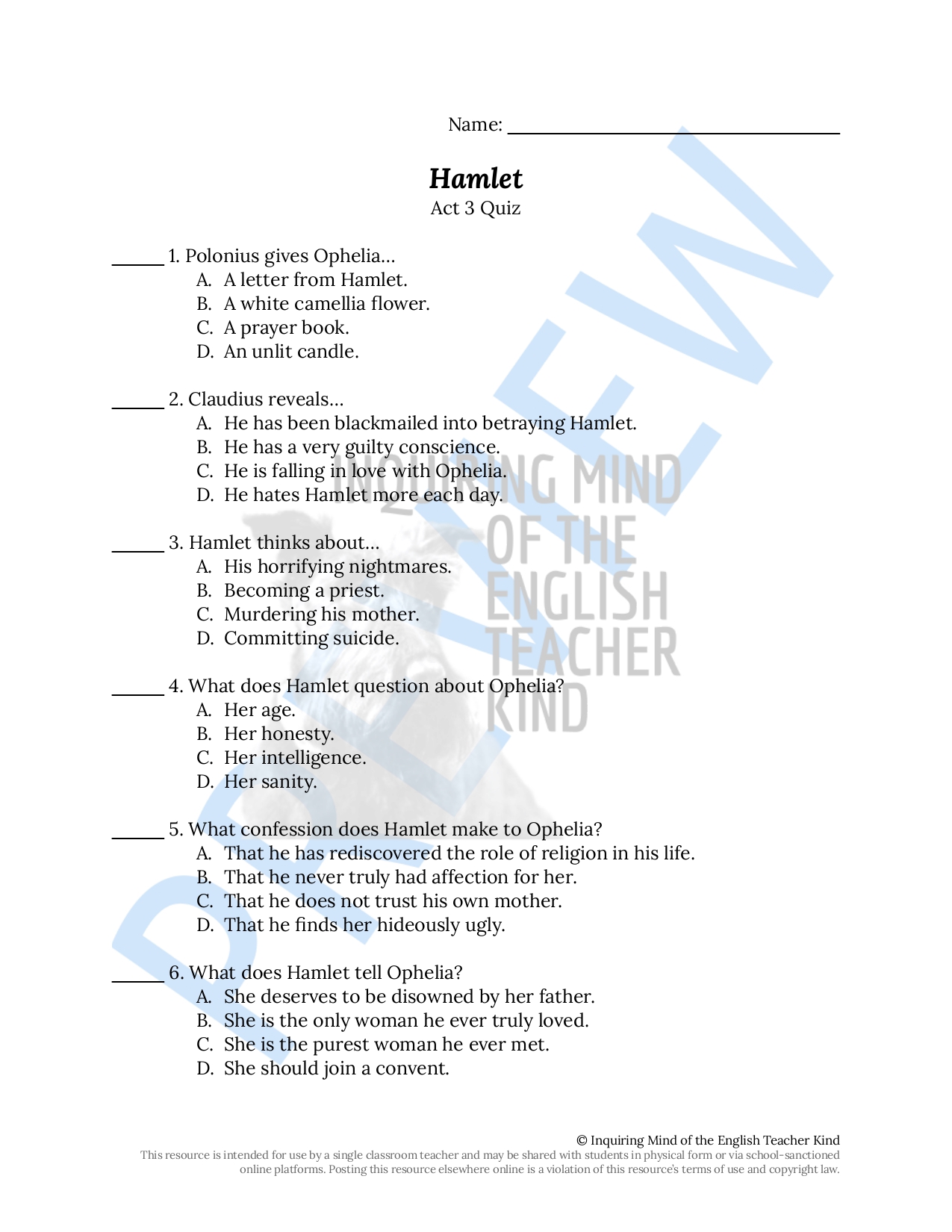 Hamlet Act 3 Quiz, Close Reading Worksheets, and Vocabulary Games ...