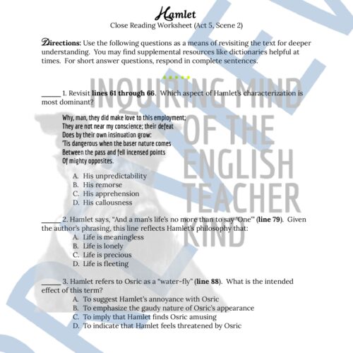Hamlet Close Reading Analysis Worksheets Bundle for High School - Classful