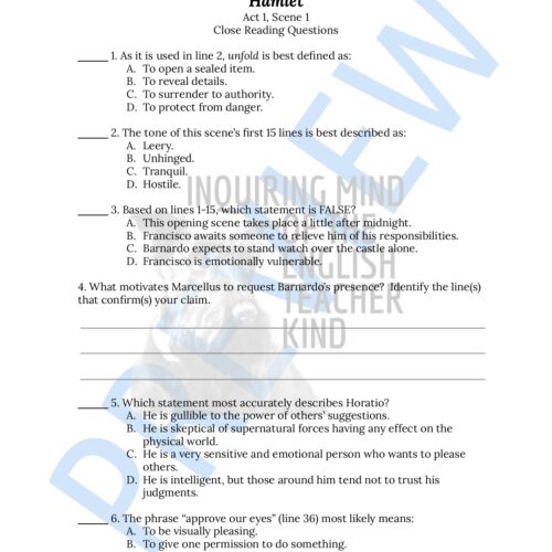 Hamlet Close Reading Analysis Worksheets Bundle for High School - Classful