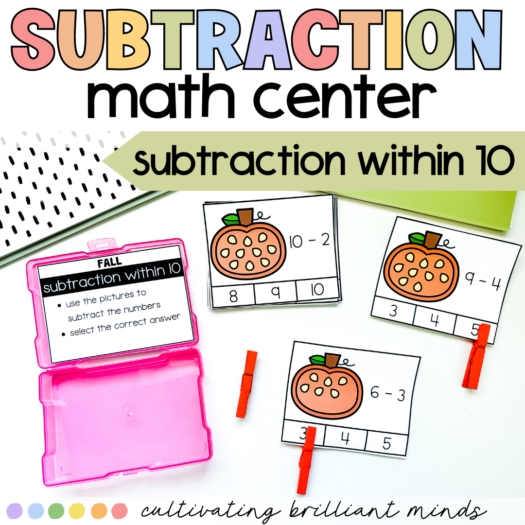 Fall Subtraction Within 10 Math Center | Pumpkin Seeds | Kindergarten ...