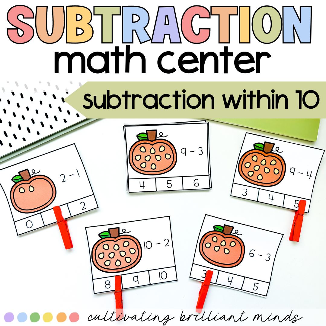 Fall Subtraction Within 10 Math Center | Pumpkin Seeds | Kindergarten ...