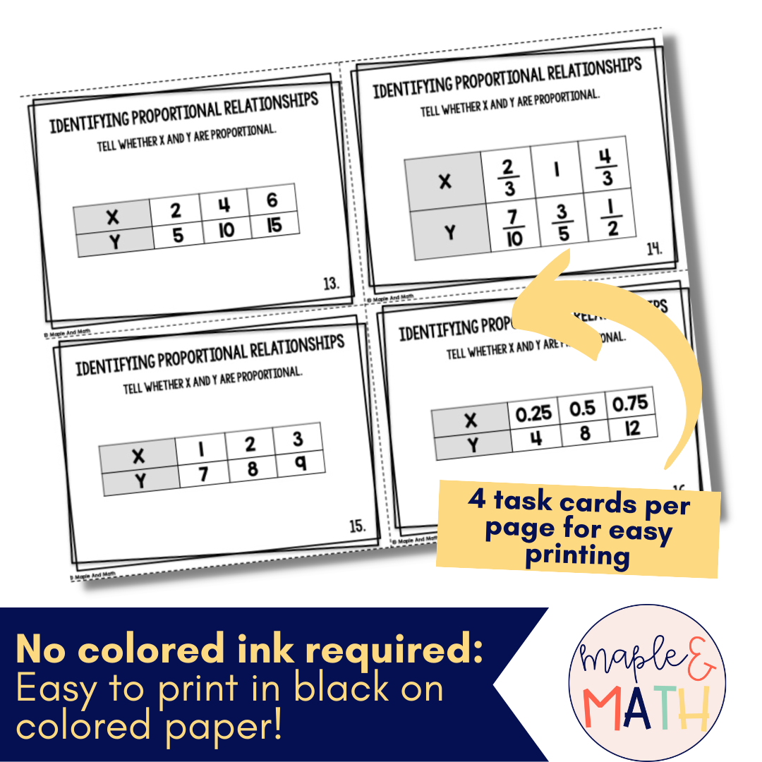 Identifying Proportional Relationships Task Cards 7th Grade - Classful