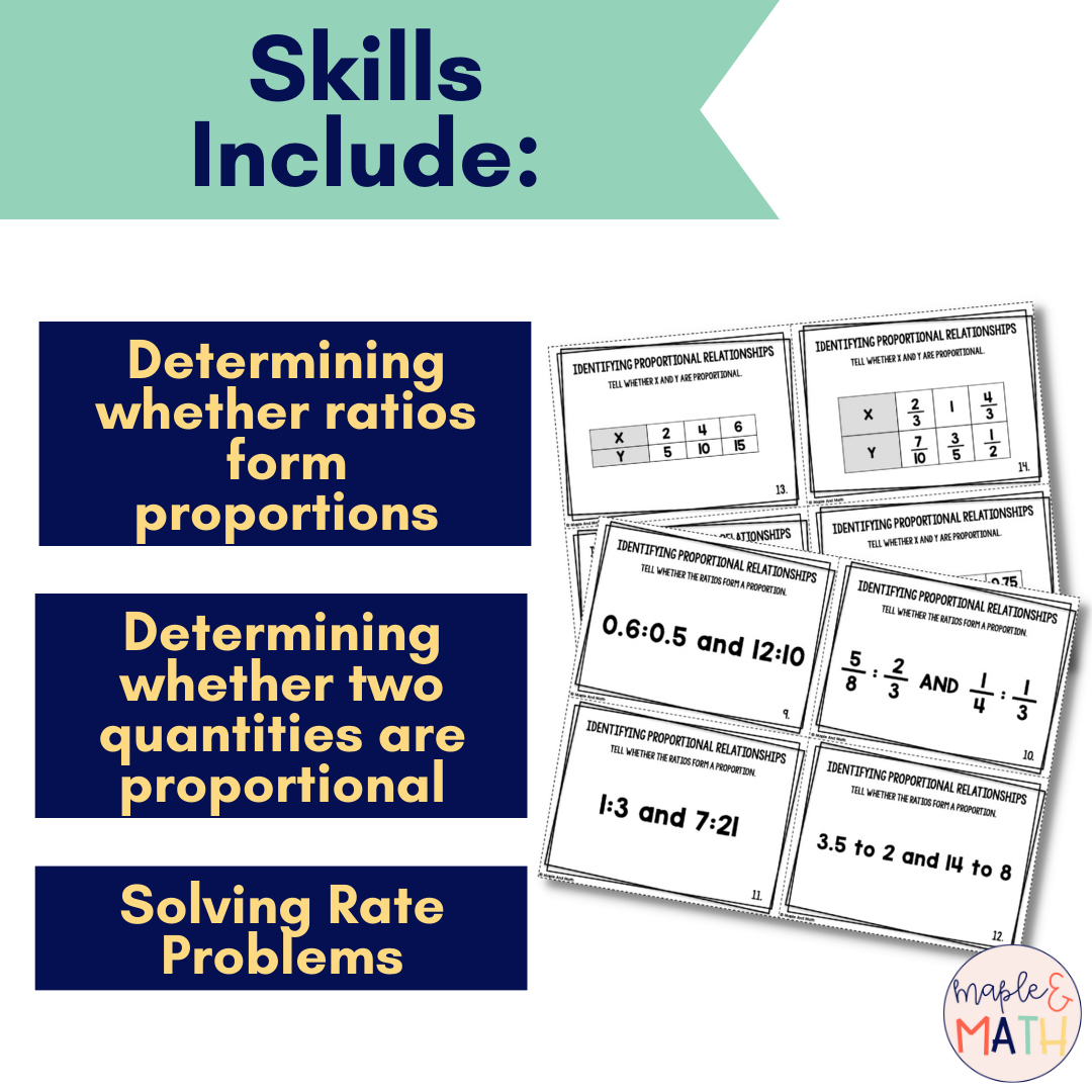 Identifying Proportional Relationships Task Cards 7th Grade - Classful