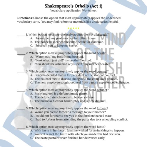 Shakespeare's Othello Vocabulary Games for High School (Act 1) - Classful