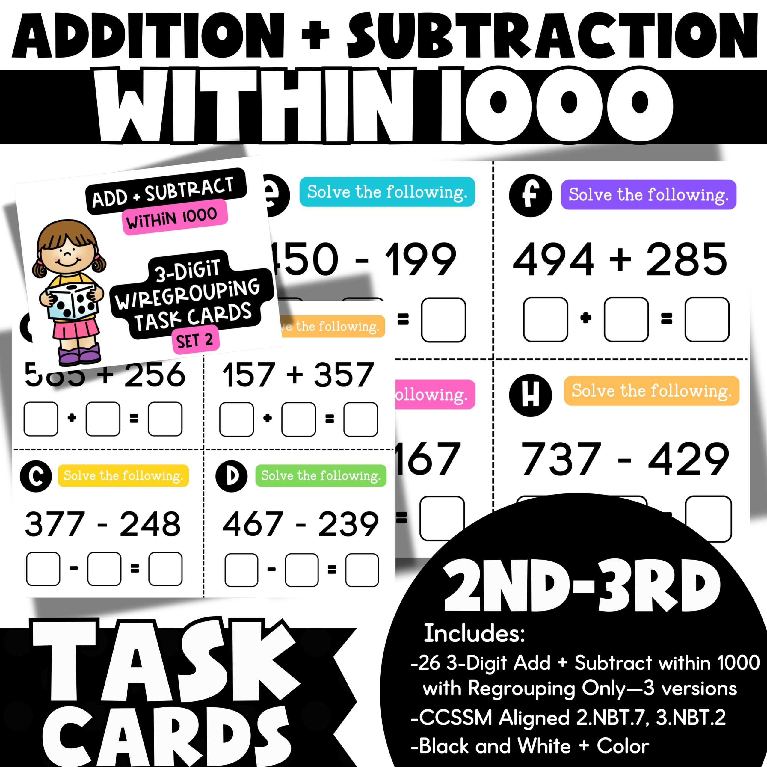 3-Digit Addition + Subtraction with Regrouping Task Cards- Set 3 - Classful