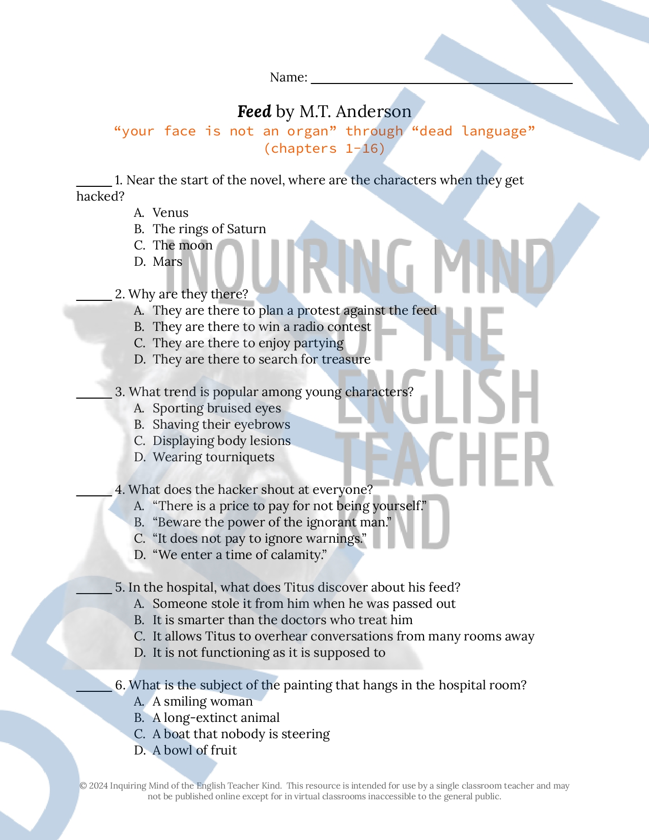 Feed by M.T. Anderson Chapters 1 through 16 Quiz and Answer Key - Classful