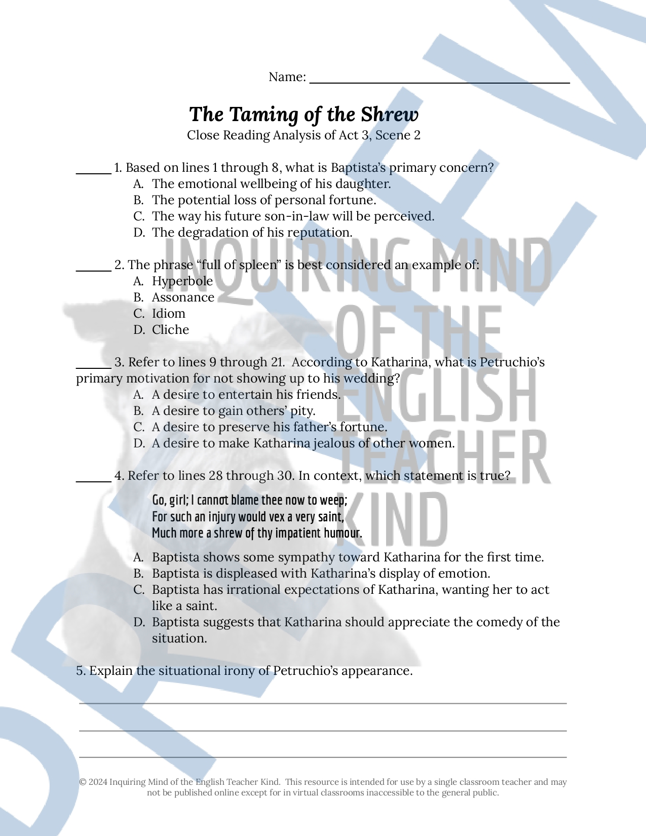 Taming of the Shrew Act 3 Scene 2 Close Reading Analysis Worksheet ...