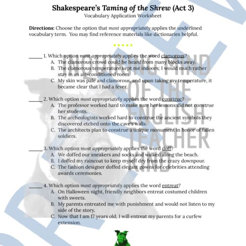 Shakespeare's The Taming of the Shrew Vocabulary Games for High School ...