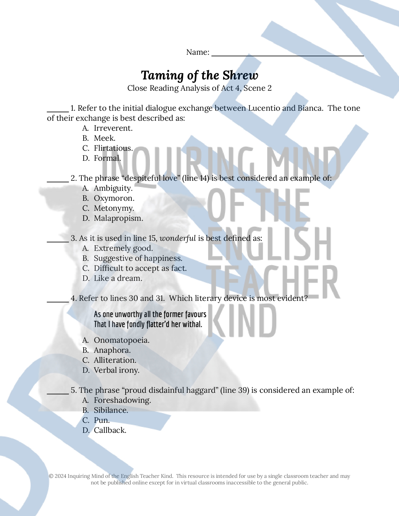 Taming of the Shrew Act 4 Scene 2 Close Reading Analysis Worksheet ...