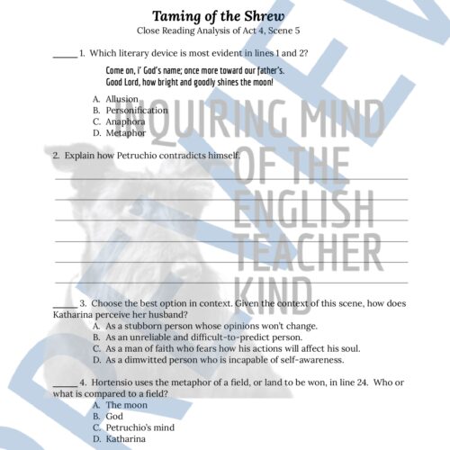 Taming of the Shrew Act 4 Scene 5 Close Reading Analysis Worksheet ...