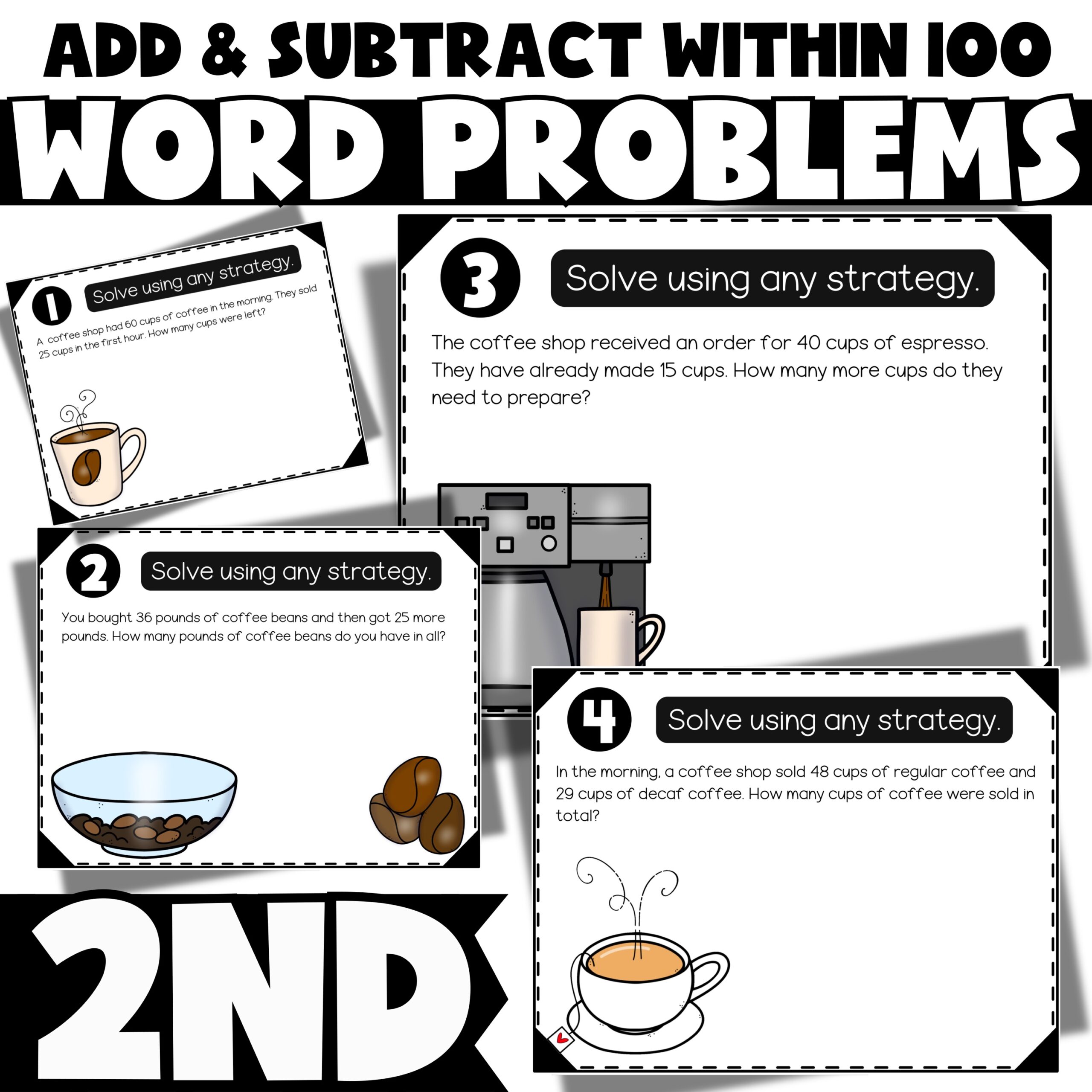 Whimsical Coffee-Themed 2nd Grade Math Task Cards- One and Two-Step ...