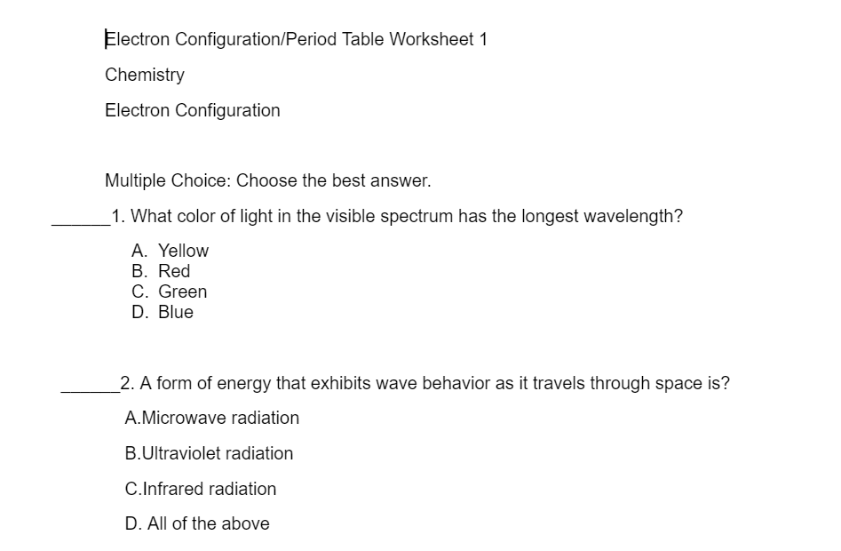 Electron Configuration Worksheet Electron Configuration Worksheets