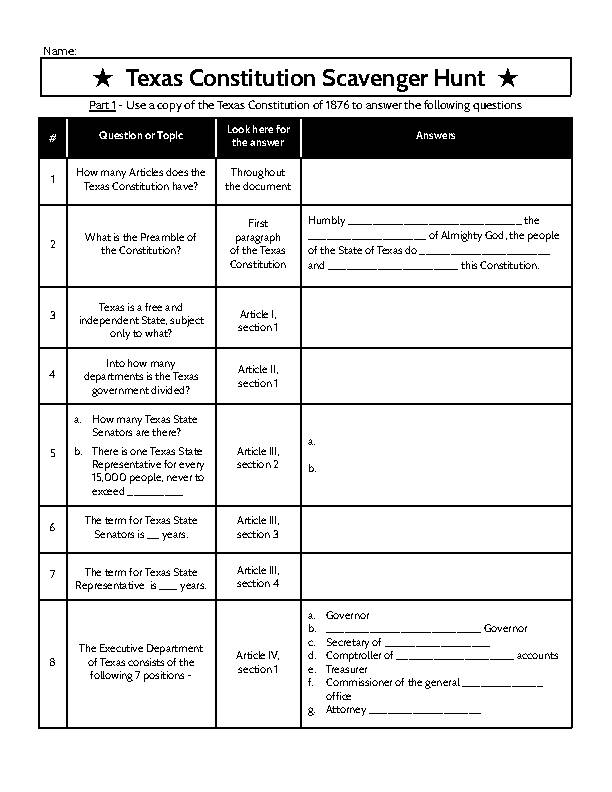 Texas Constitution Scavenger Hunt - Classful