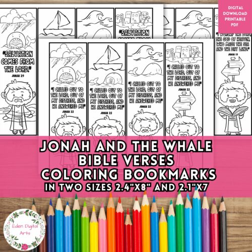 Jonah and the Whale Bible Story Scripture Coloring Bookmarks Keepsake ...