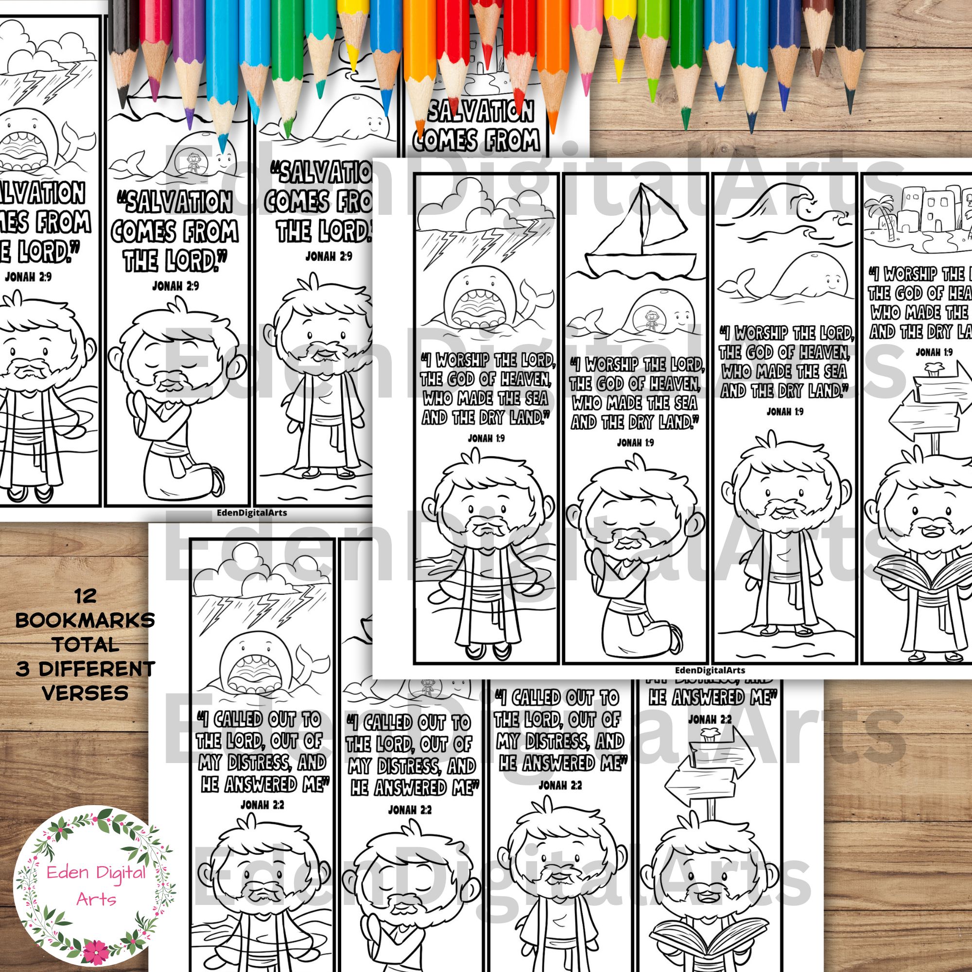 Jonah and the Whale Bible Story Scripture Coloring Bookmarks Keepsake ...