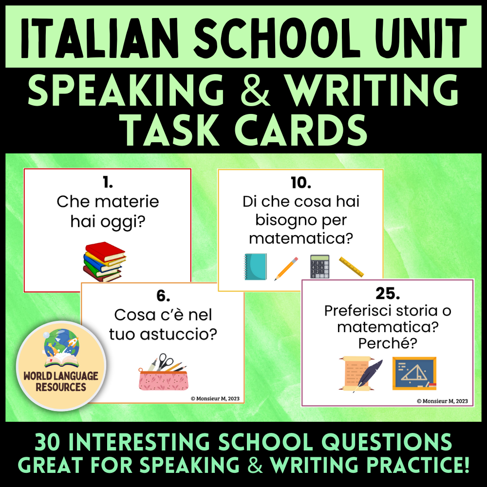 A scuola- Italian School Unit - Speaking & Writing Task Cards - Classful
