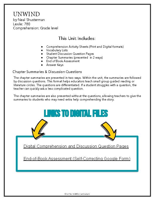 Unwind by Neal Shusterman Novel Study Unit - Classful