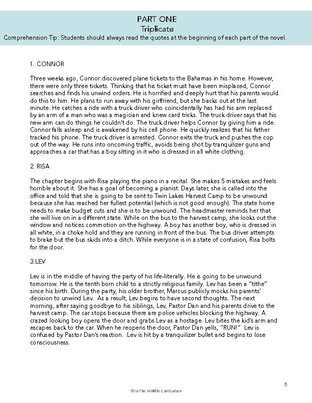 Unwind by Neal Shusterman Novel Study Unit - Classful
