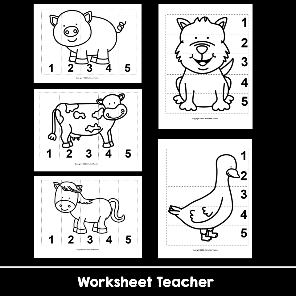 Farm Animals Number Sequence B&W Picture Puzzles - Classful