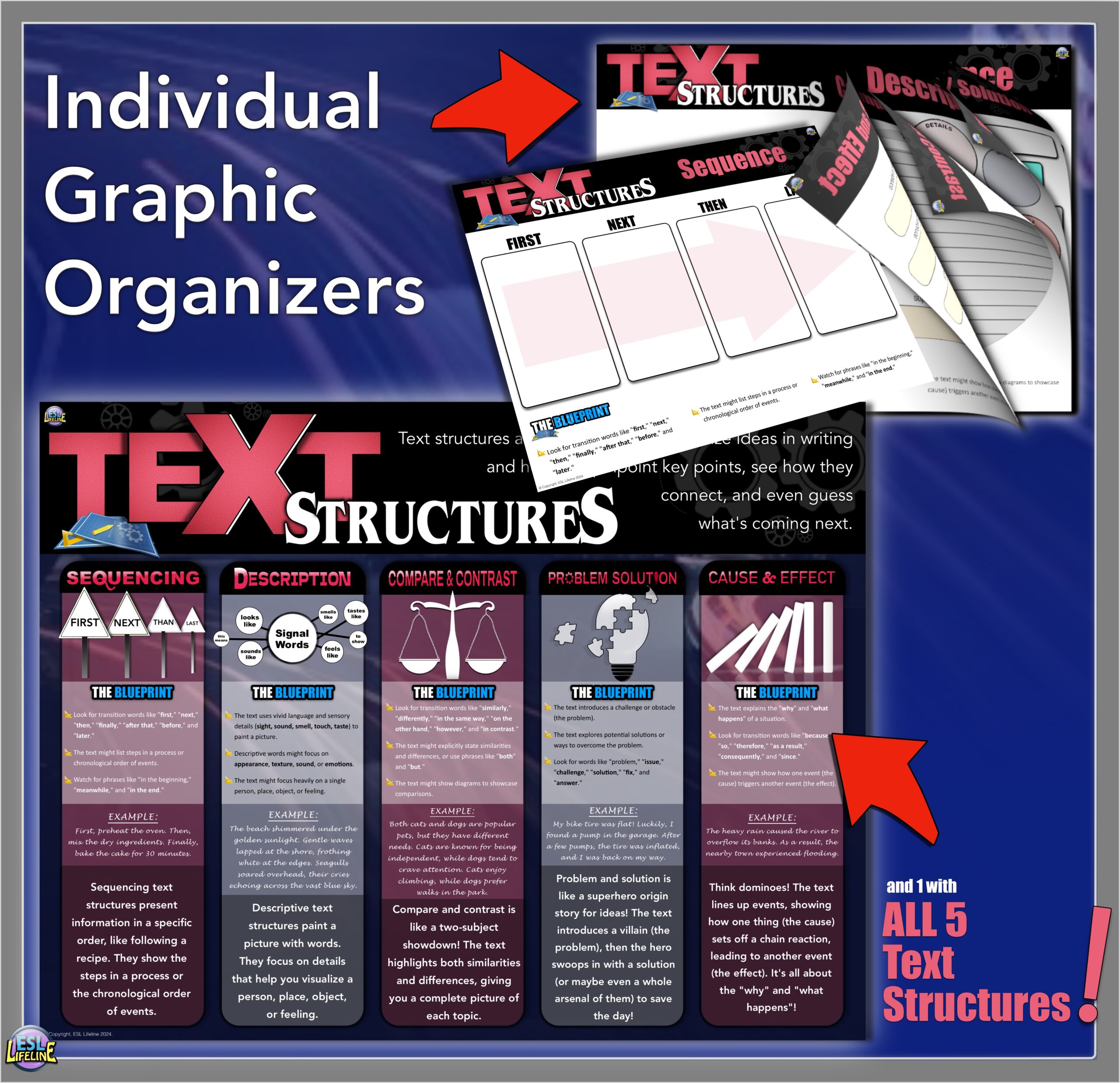 Text Structure Graphic Organizers, Printable Anchor Charts for Grades 5 ...