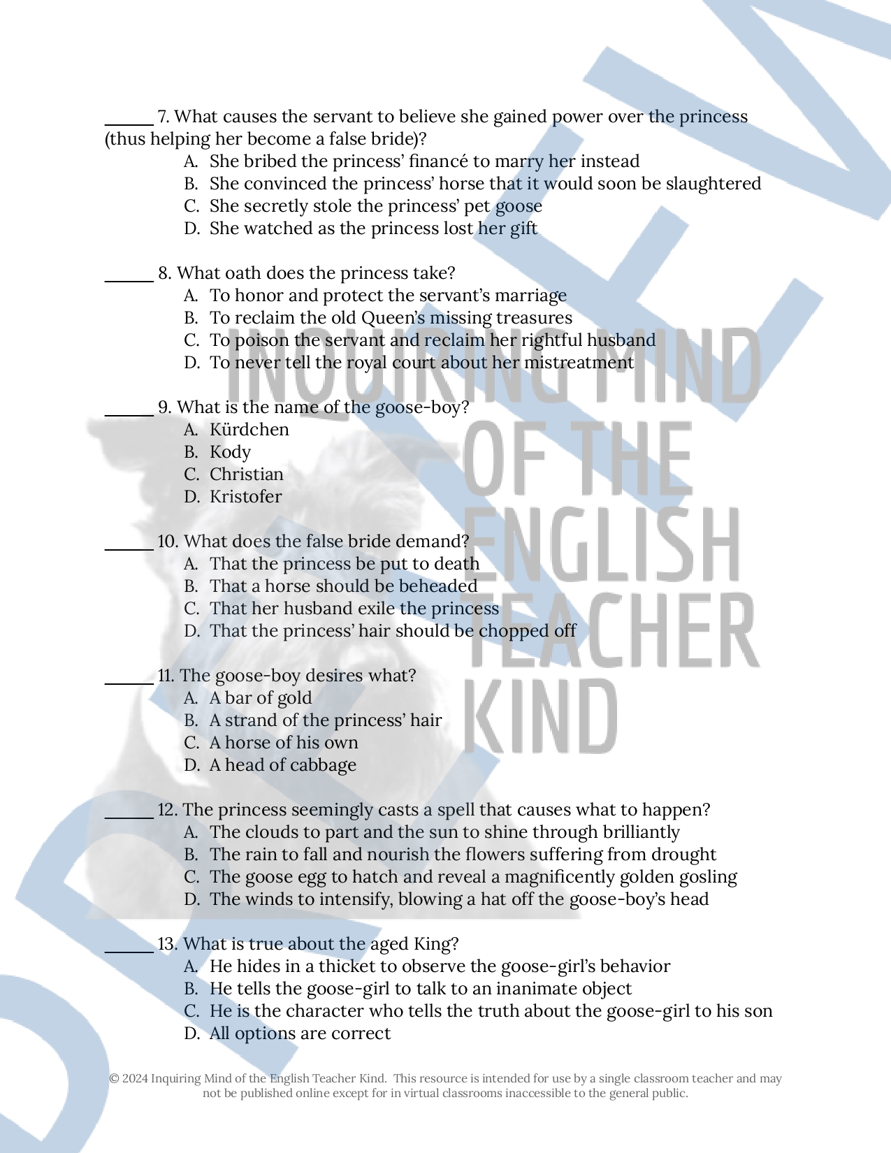 The Goose Girl by the Brothers Grimm Quiz and Answer Key - Classful