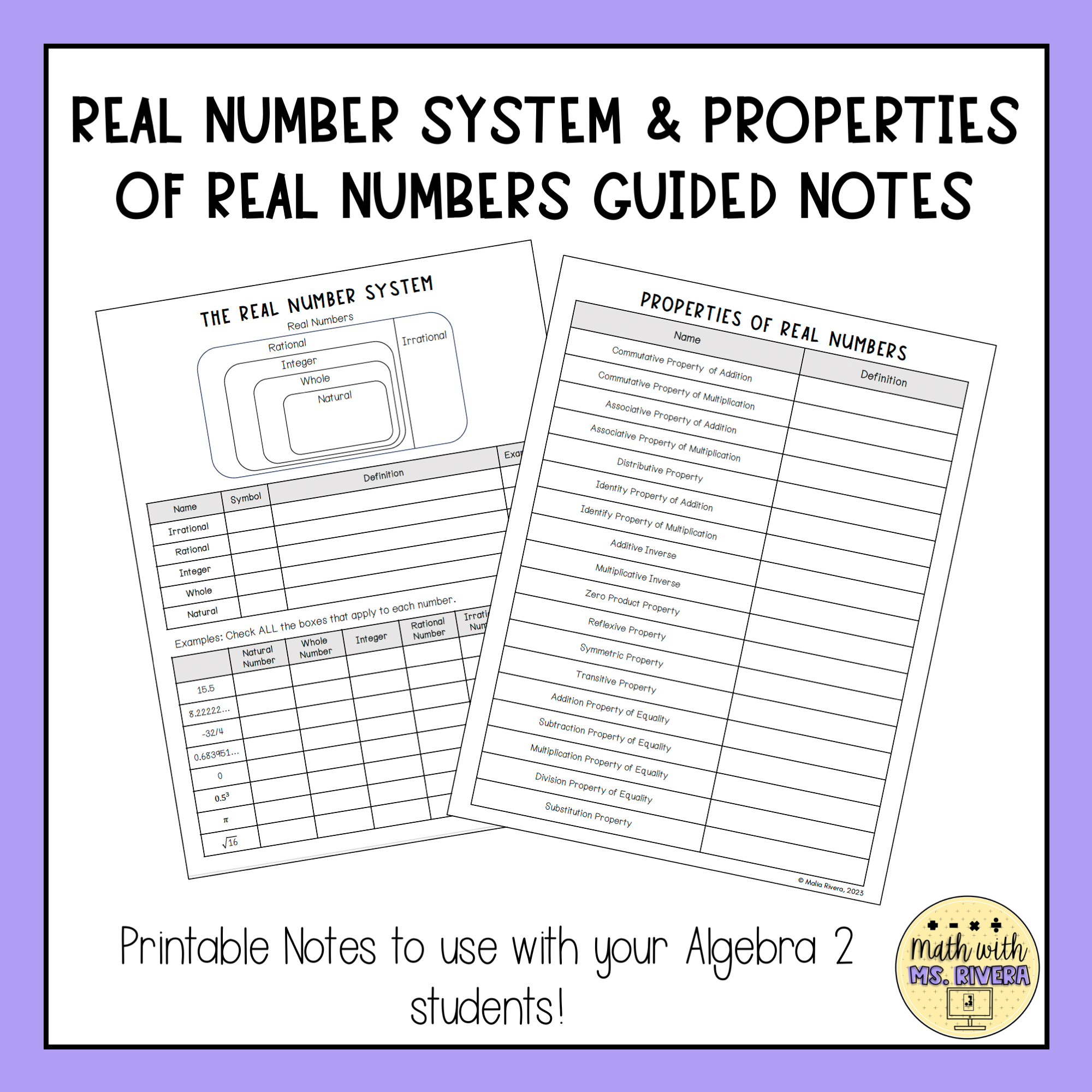 The Real Number System & Properties of Real Numbers Review Guided Notes ...