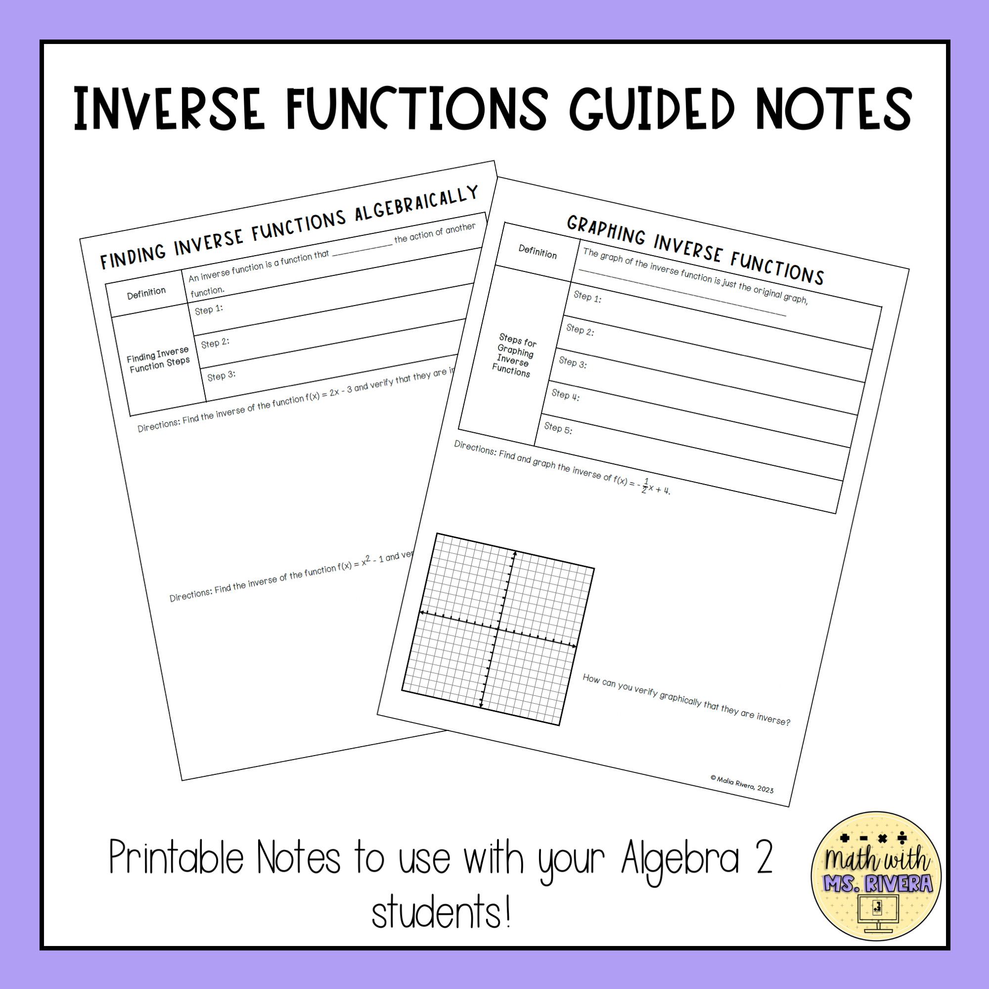 Inverse Functions Guided Notes for Algebra 2 - Classful