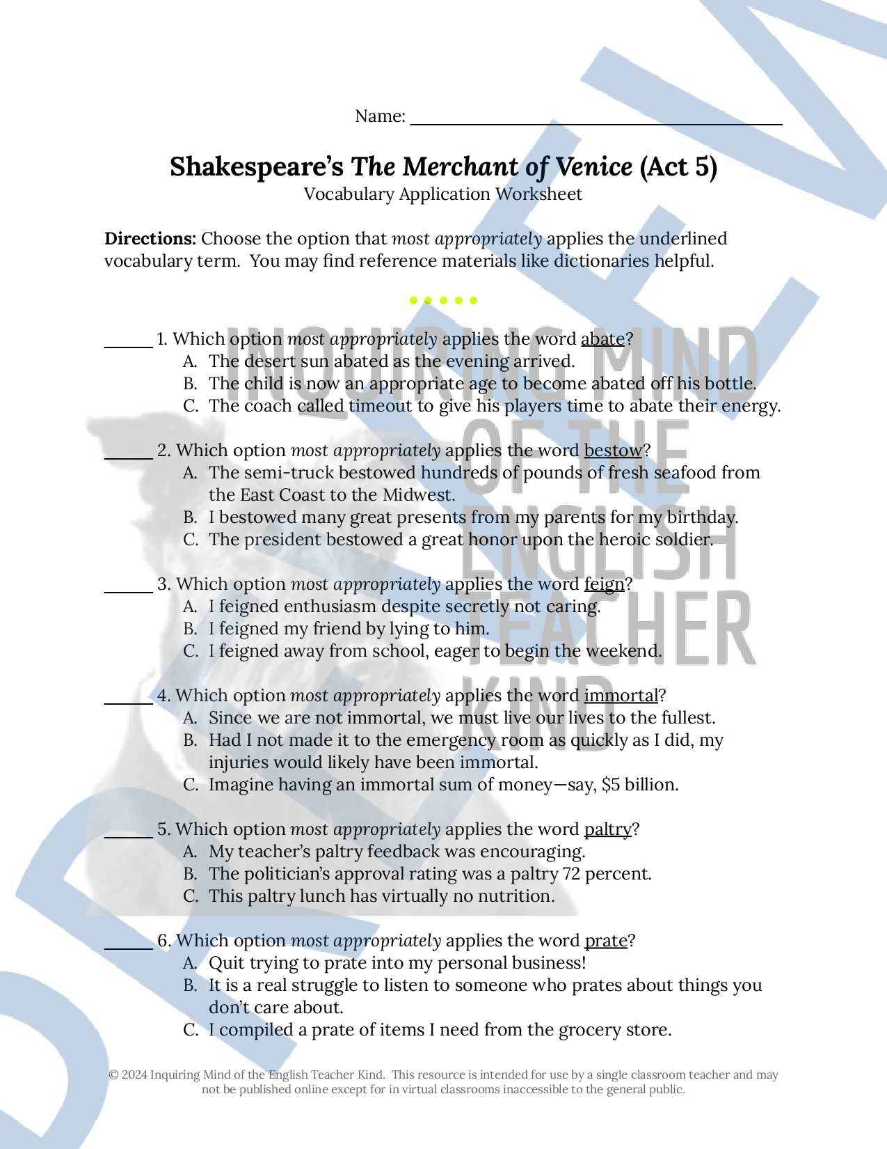Shakespeare's The Merchant of Venice Act 5 Vocabulary Games for High ...