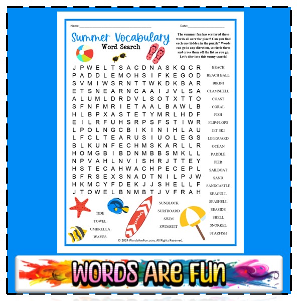 SUMMER VOCABULARY Word Search Puzzle Handout Fun Activity - Classful