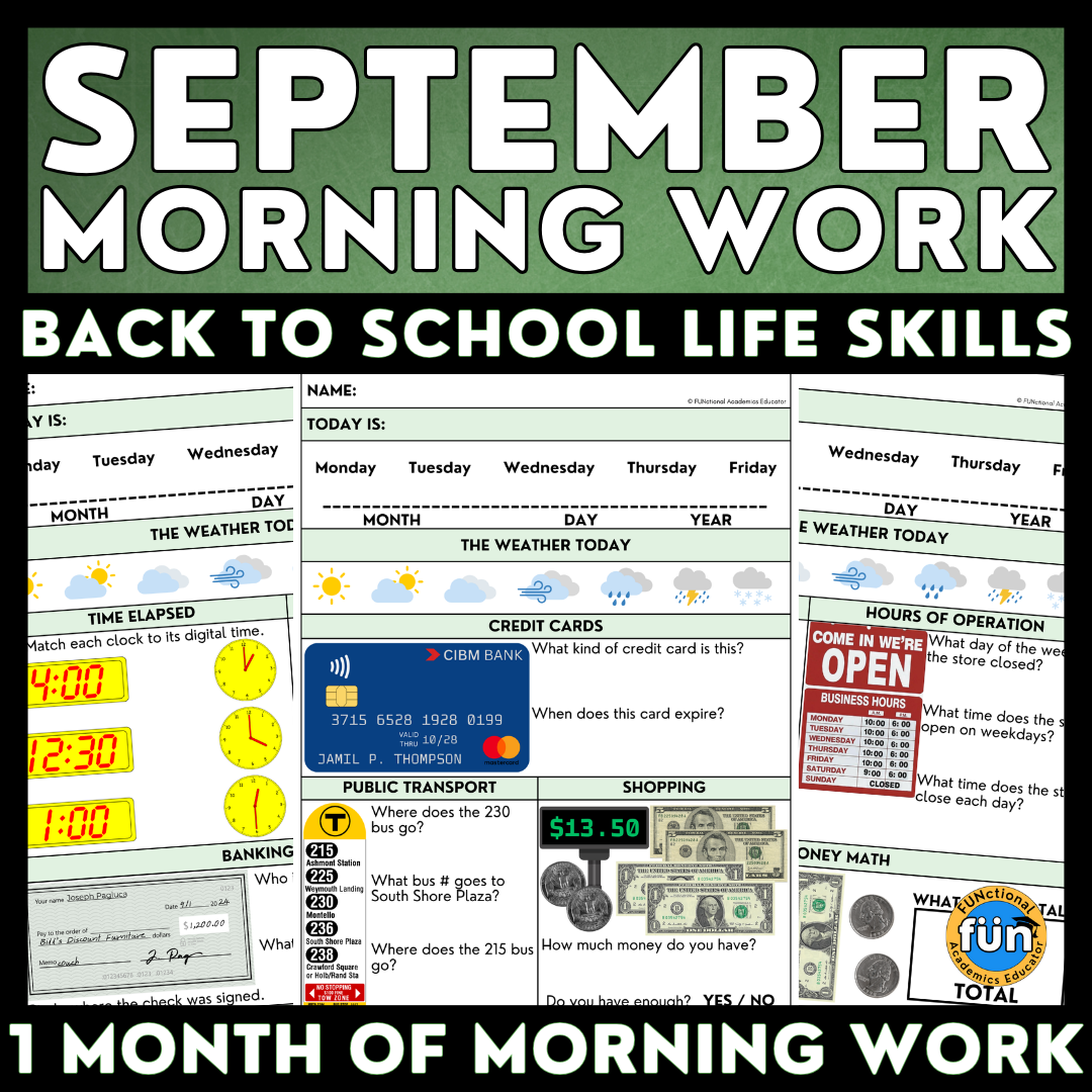 September Life Skills Morning Work - Special Education - Warms Ups ...