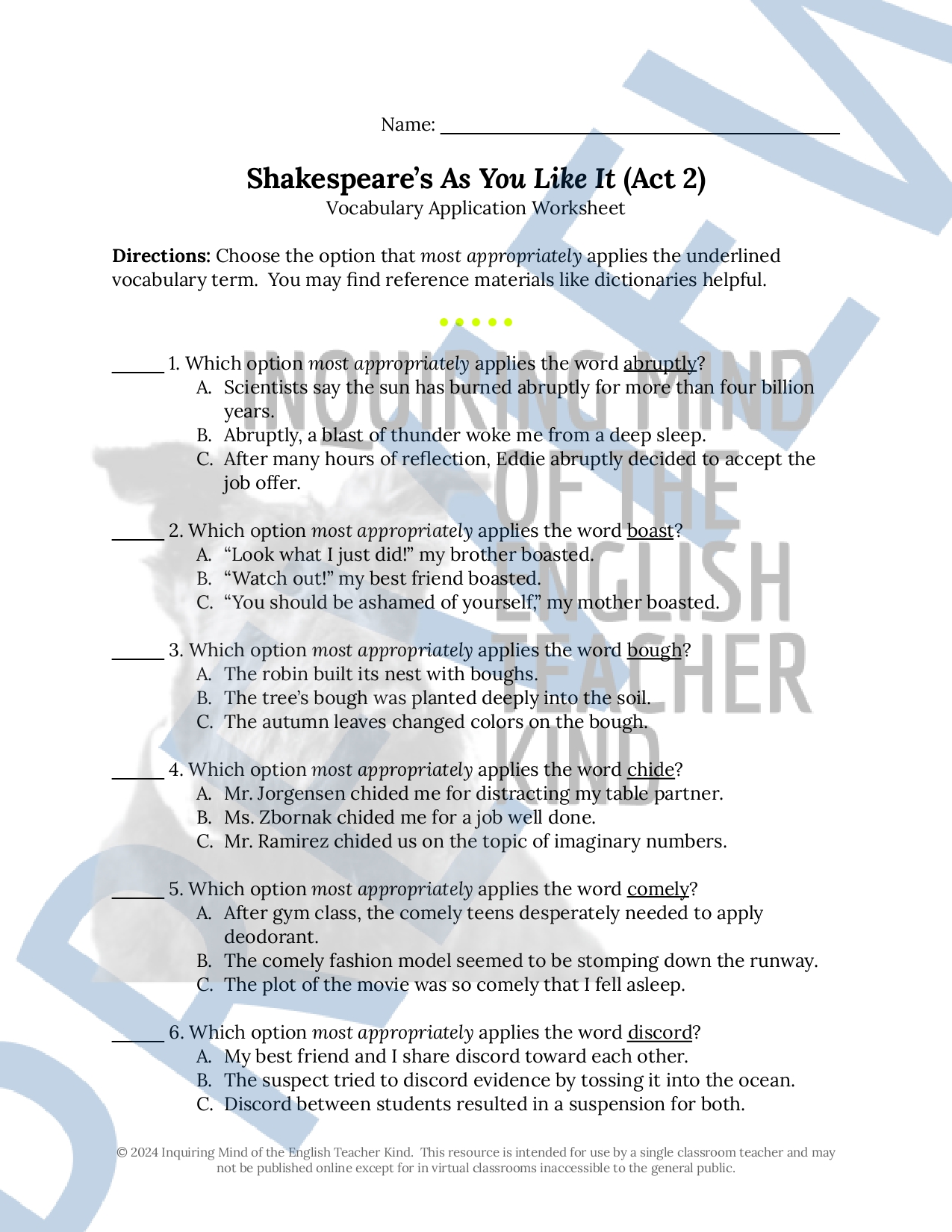 Shakespeare's As You Like It Vocabulary Games for High School Bundle ...
