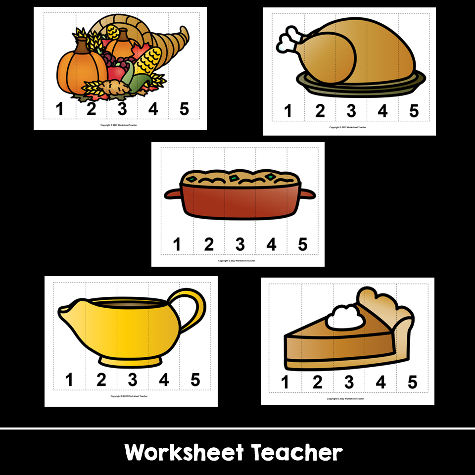 5 Thanksgiving Dinner Number Sequence 1-5 Math Picture Puzzles - Classful